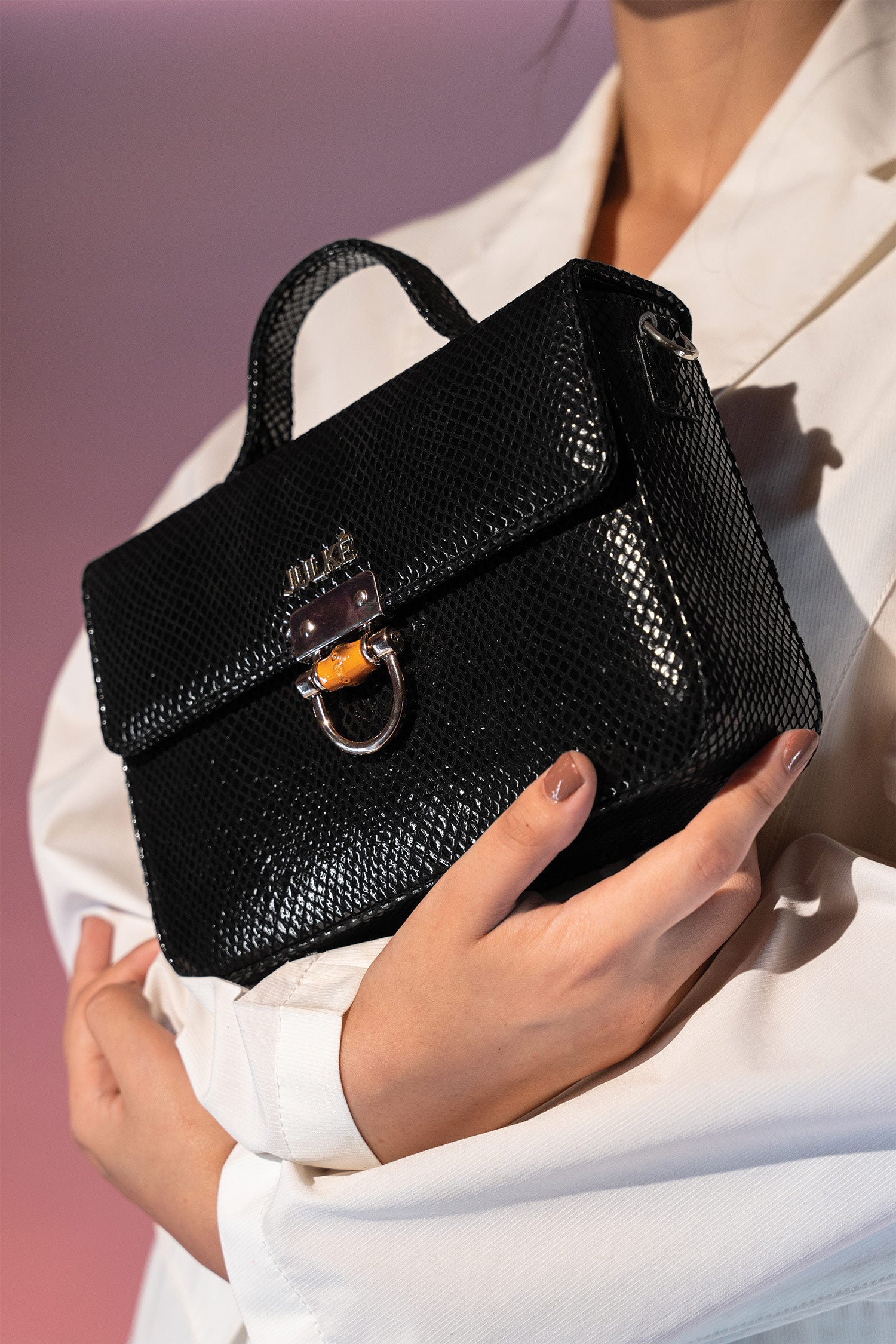 Helene - Women's Leather Top Handle Shoulder Bag In Black Reptile ...