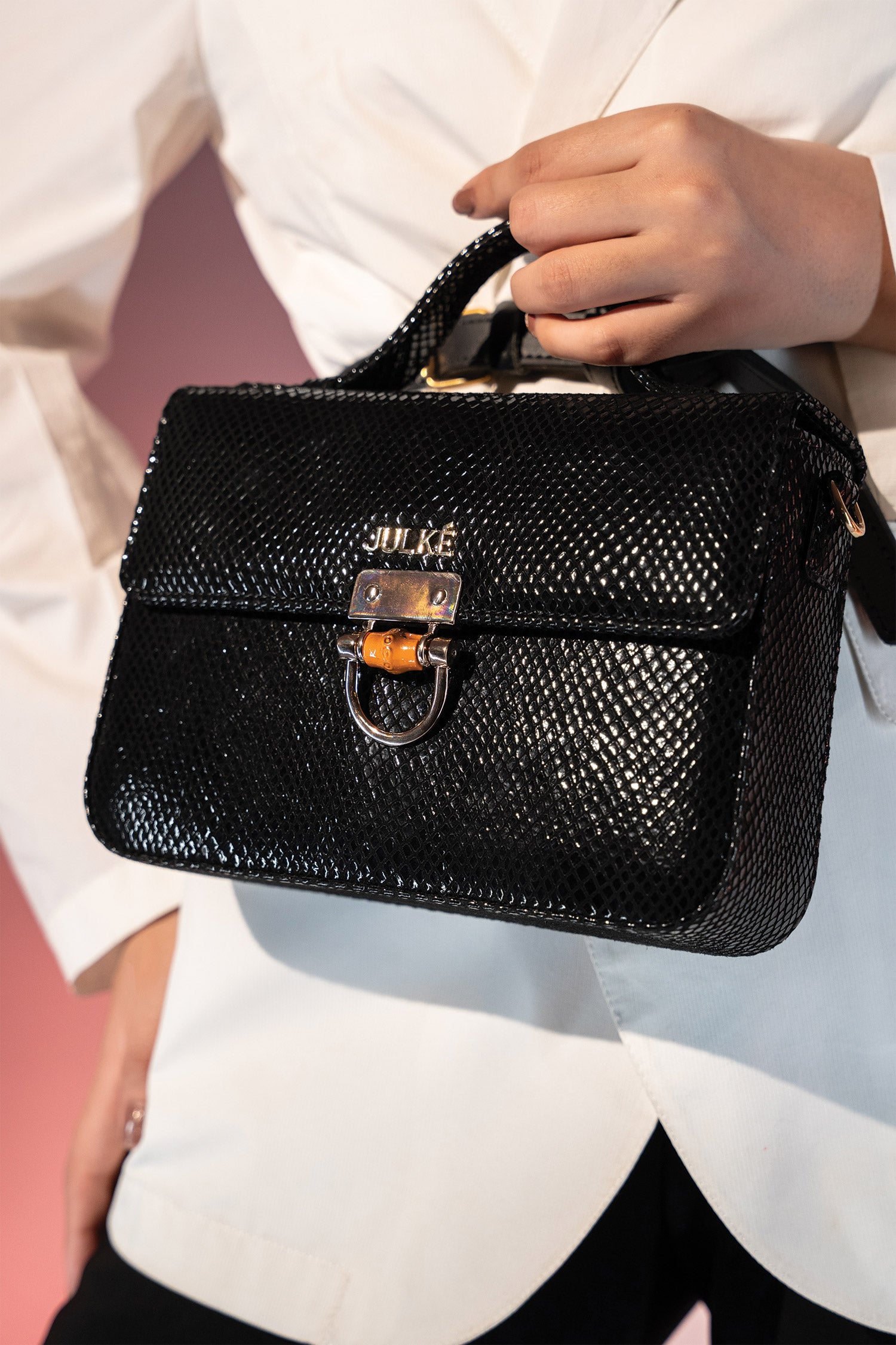 Helene - Women's Leather Top Handle Shoulder Bag In Black Reptile ...