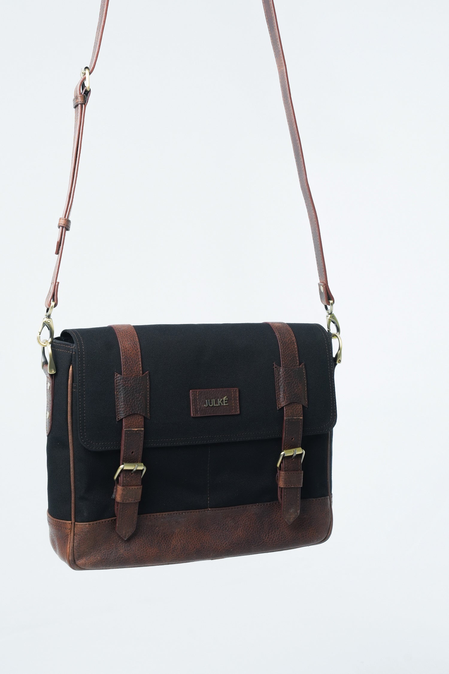 Mack- Leather & Canvas Laptop Messenger Bag In Black | JULKE