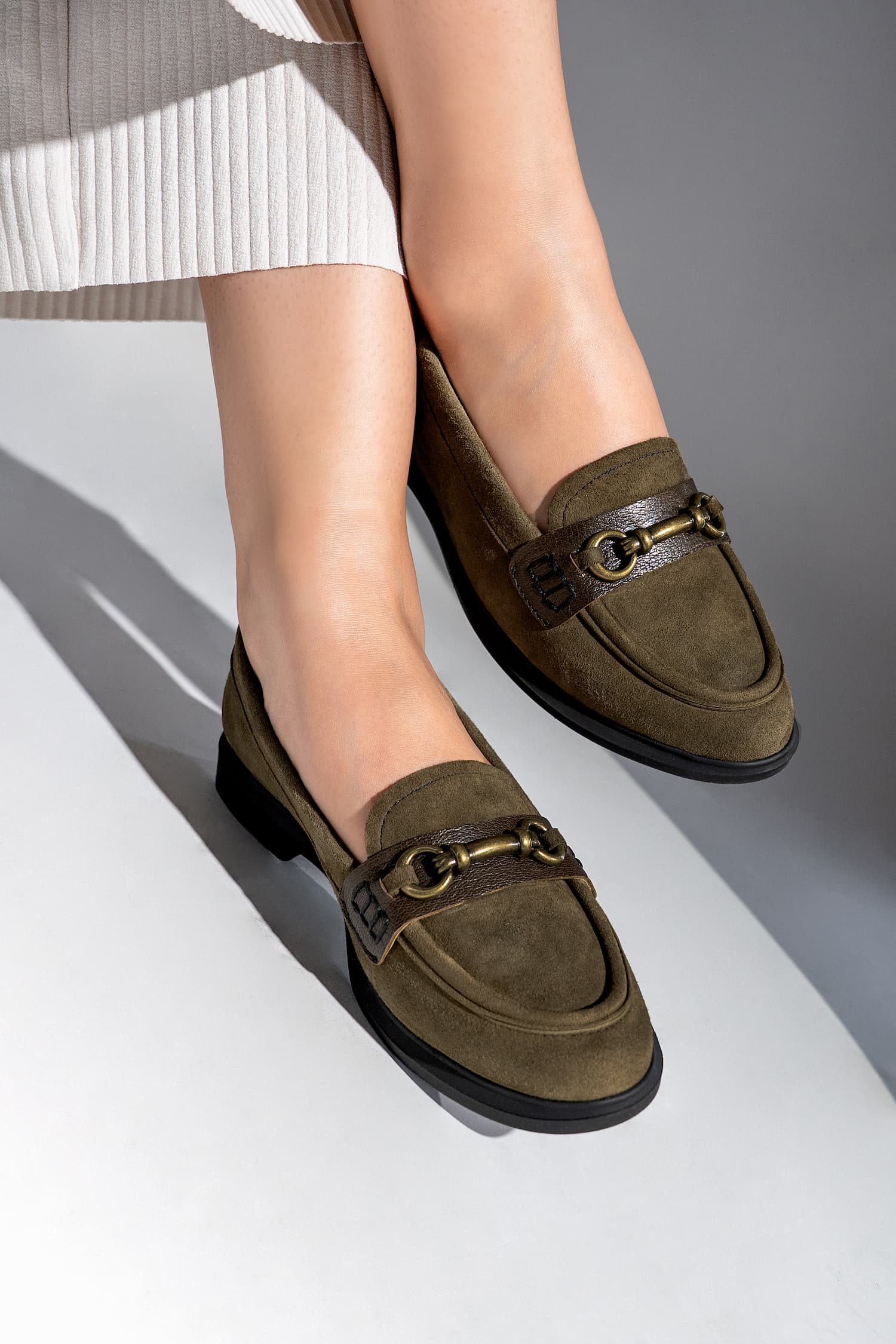 Olga - Womens Suede Leather Loafers With Low Heel In Dark Green & Brown ...