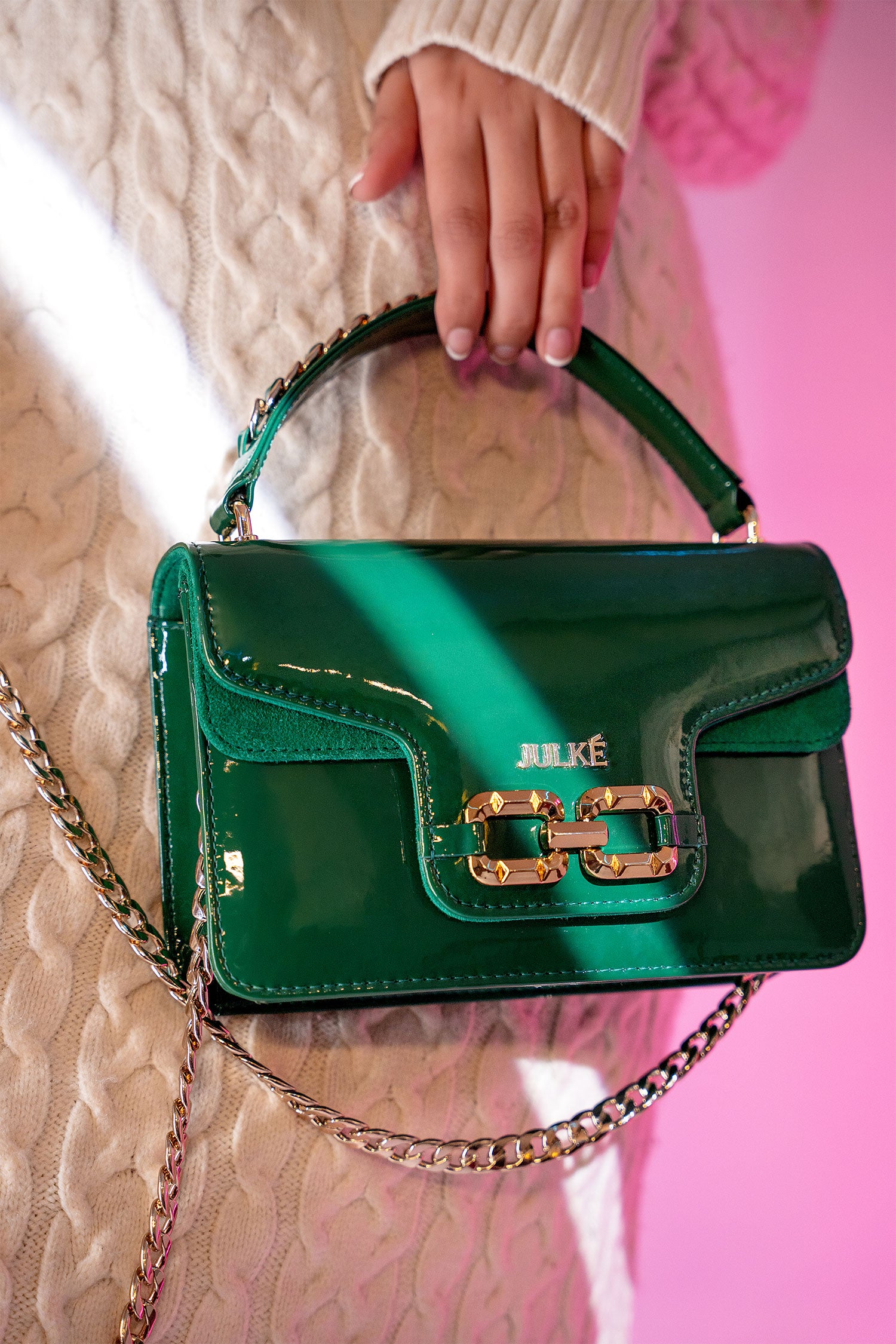Shellac - Womens Patent Leather Top Handle Bag In Green & Nude | JULKÉ